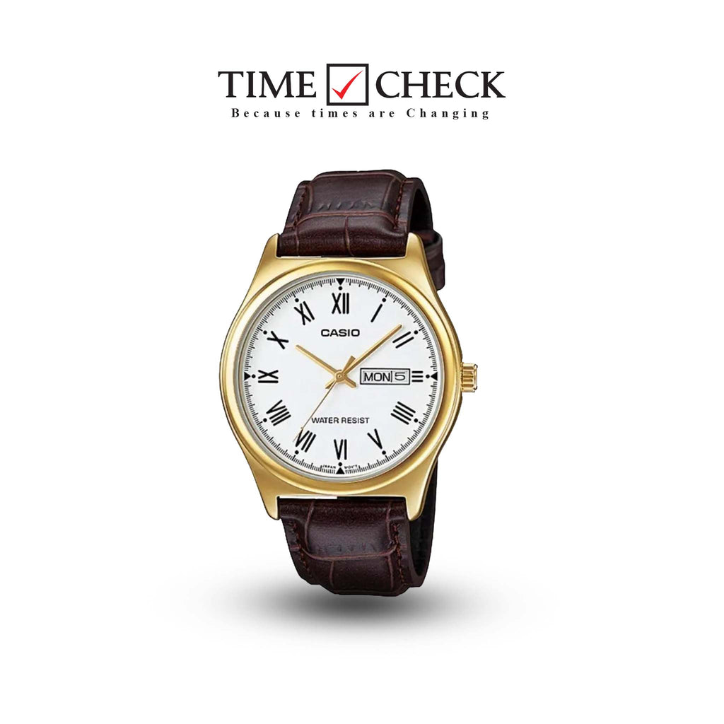 MTP-V006GL-7BUDF Casio Dress Gold Case White Dial Analog Leather Band – Timecheck