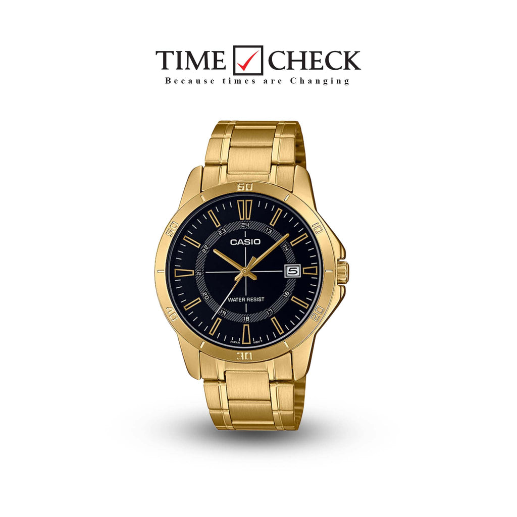 MTP-V004G-1CUDF Casio Black Dial Stainless Steel Gold Chain Quartz Men ...