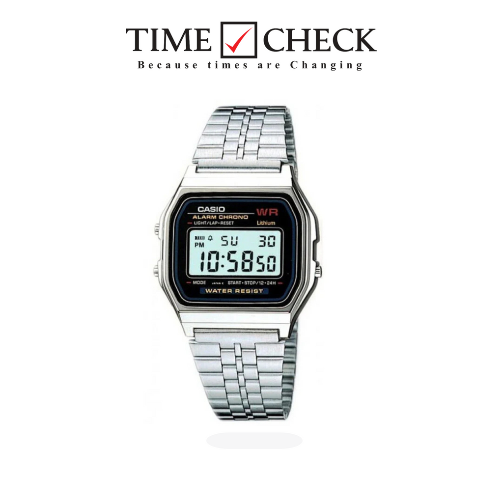 A159W-N1DF Casio Vintage Stainless Steel Silver Tone Digital Rectangle ...