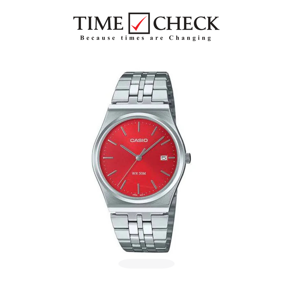 MTP-B145d-4a2 Casio RED Dial Stainless Steel silver Chain Quartz Men's ...